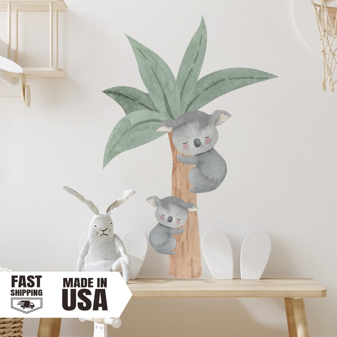 Watercolor Palm Tree With Koala Family Set Wall Decal Watercolor Fabric ...