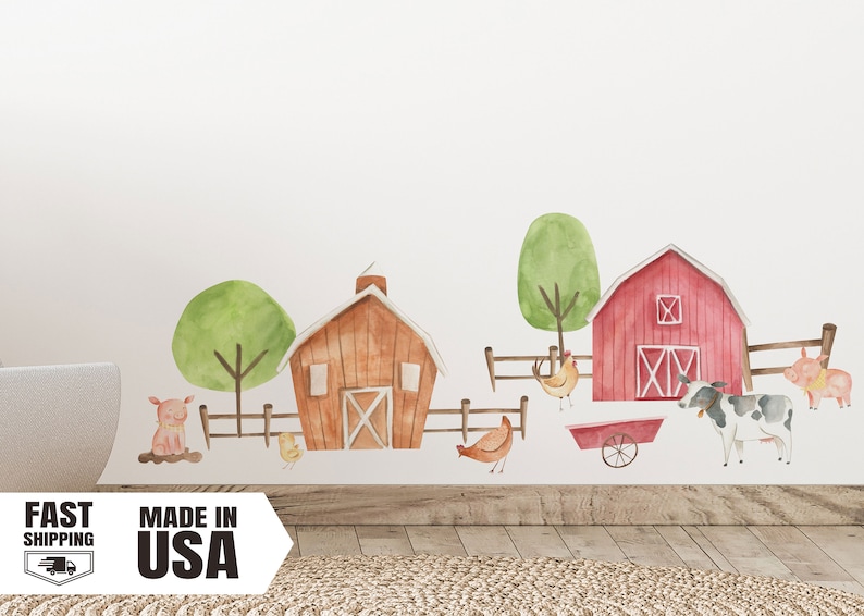 Watercolor Farm Animals Set, Barn,pig,hen, Cow Fabric Wall Decal - Etsy