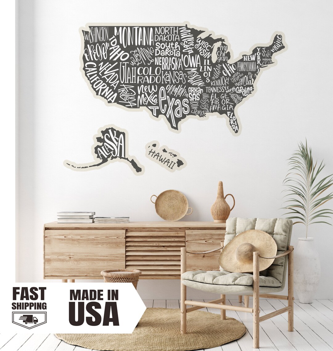 USA Typography Map Set, USA Map Wall Decal, Home Decor Art Cool Wall ...