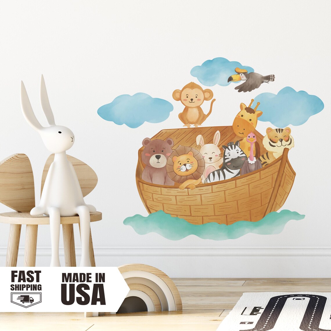 Noah's Ark Fabric Wall Decal, Watercolor Animals - Etsy