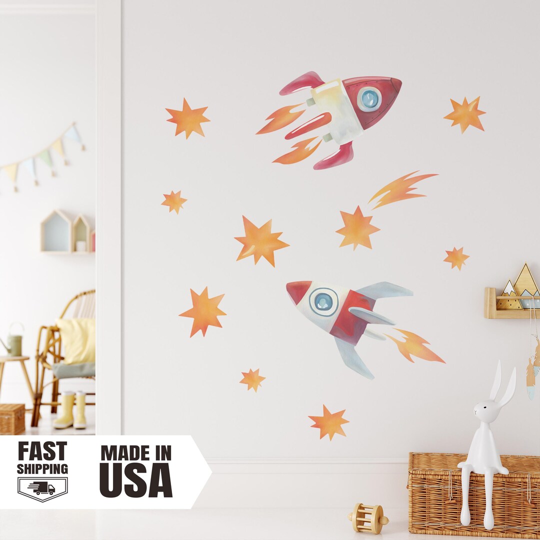 Watercolor Rocket Ship Wall Decals: Space Nursery Decor, Removable ...