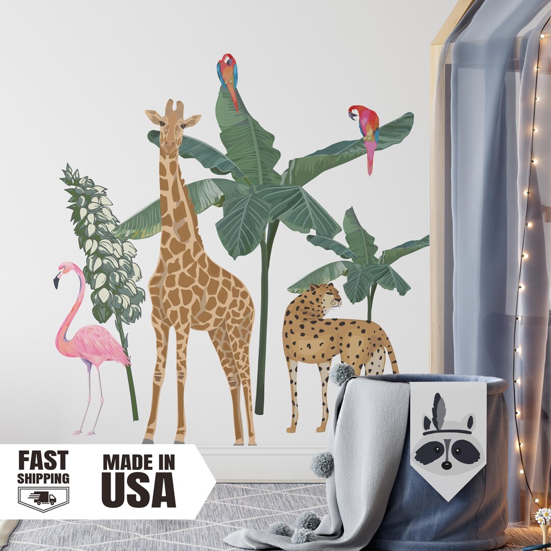 Tropical Animals Wall Decal Set: Exotic Palm, Watercolor Style - Etsy