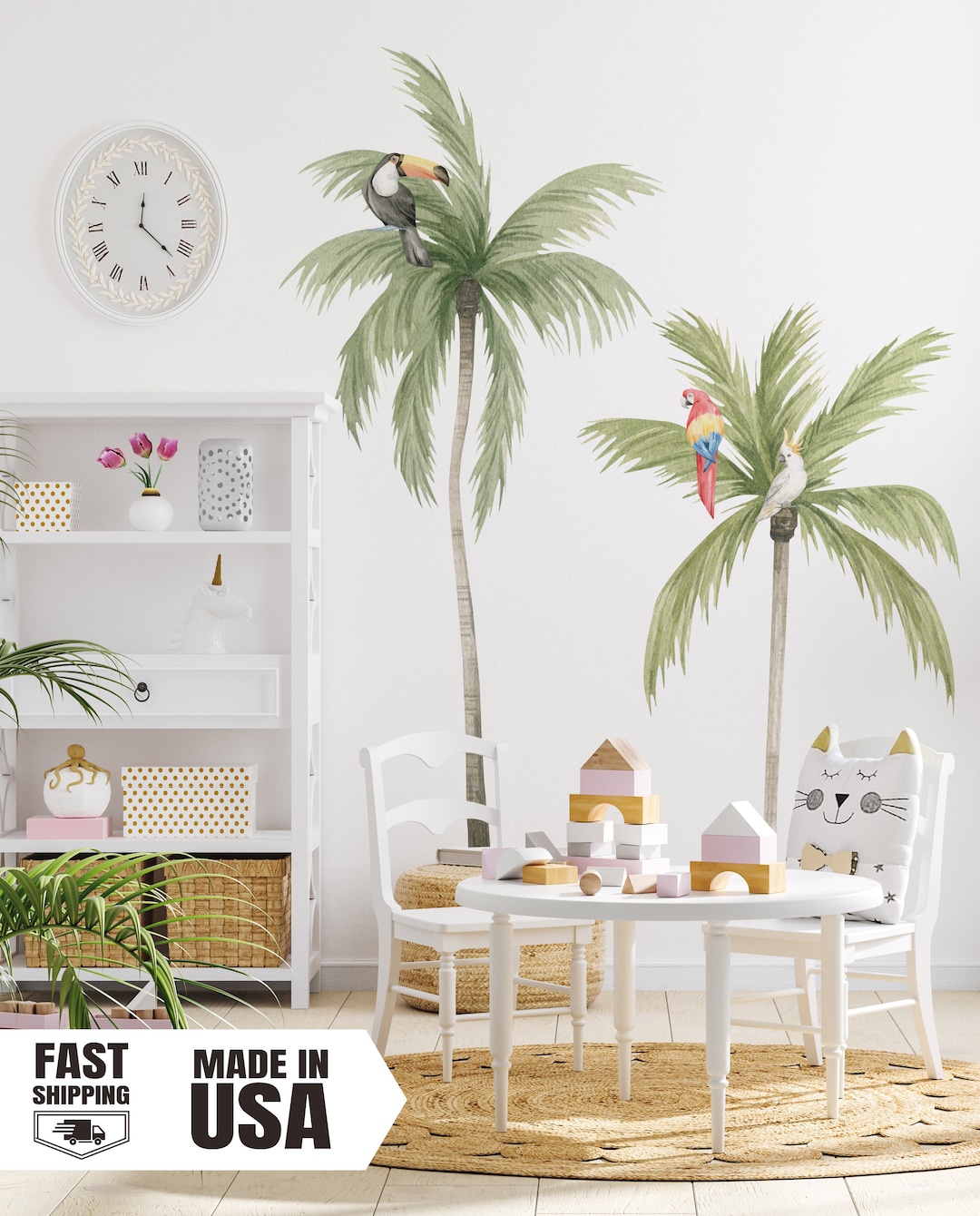 Palm Tree Watercolor Fabric Wall Decal Set, Palm Tree Set With Birds - Etsy