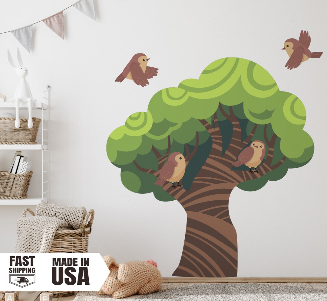 Cartoon Tree With Birds Wall Decal, Fabric Tree Kit Wall Decal, Tree ...