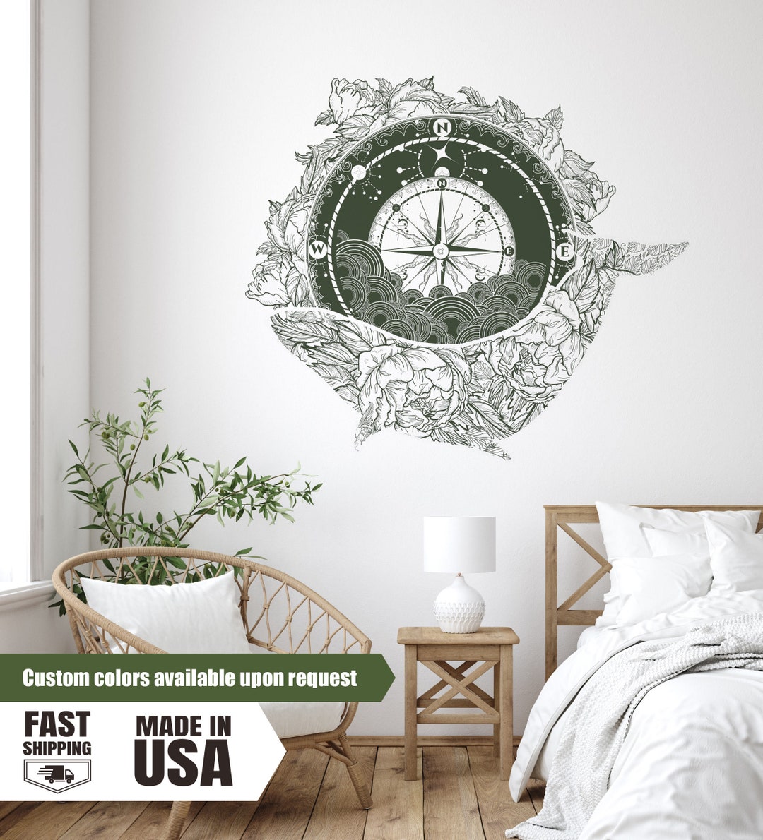 Compass Wall Decal With Whale Decorative Fabric or Vinyl Wall - Etsy