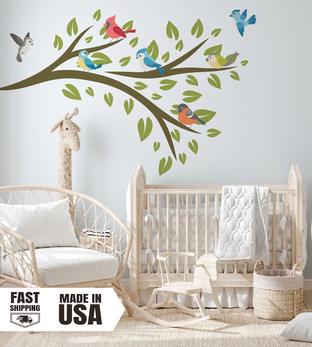 Large Tree With Birds Colorful Fabric Decal, Watercolor Tree With ...