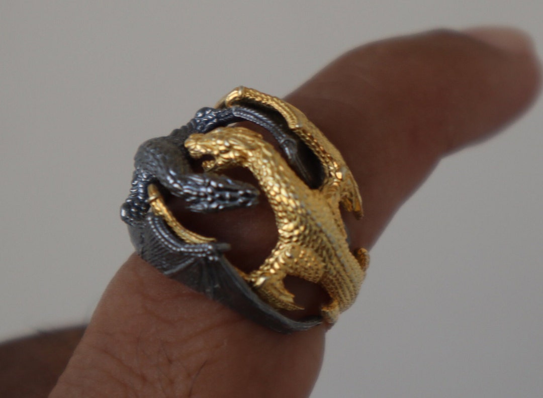 Handmade Silver Double Fighting Dragon Ring Gold and Oxidized Sterling ...