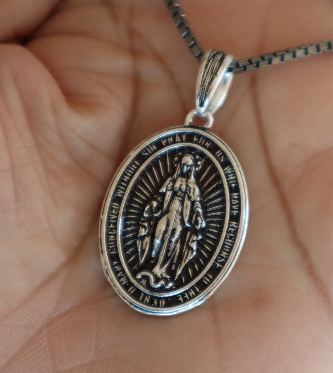 Silver Handmade Catholic Miraculous Medal Virgin Mary Pendant Religious ...
