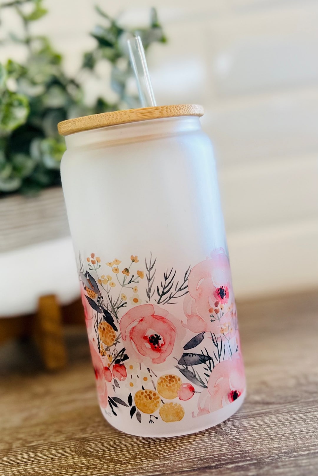 Floral Glass Cup | Frosted Glass Tumbler | Pink Rose Coffee Cup ...