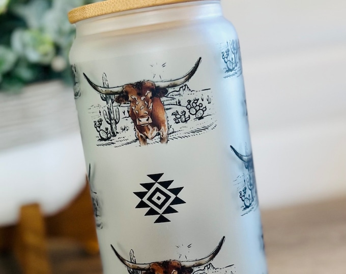 Longhorn Western Glass Cup Western Boho Glass Coffee Cup Wester Cowgirl ...