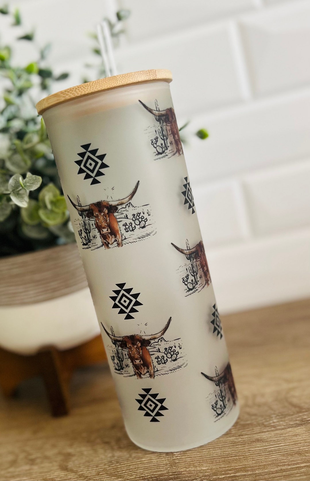 Longhorn Wester Glass Cup 25oz Southwest Aztec Boho Cup Western Cowgirl ...