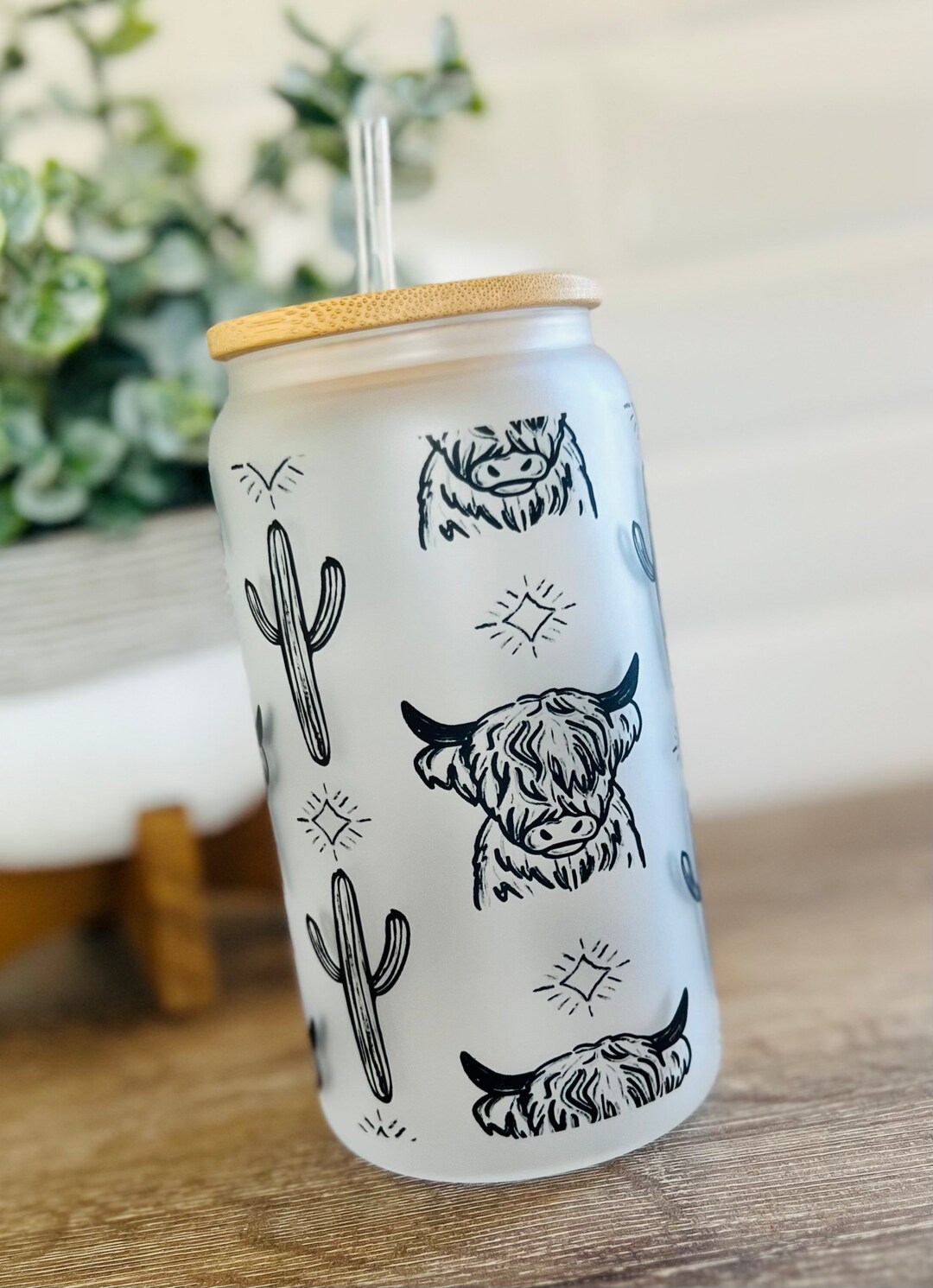 Highland Cow and Cactus Glass Cup | Western Boho Glass Coffee Cup ...