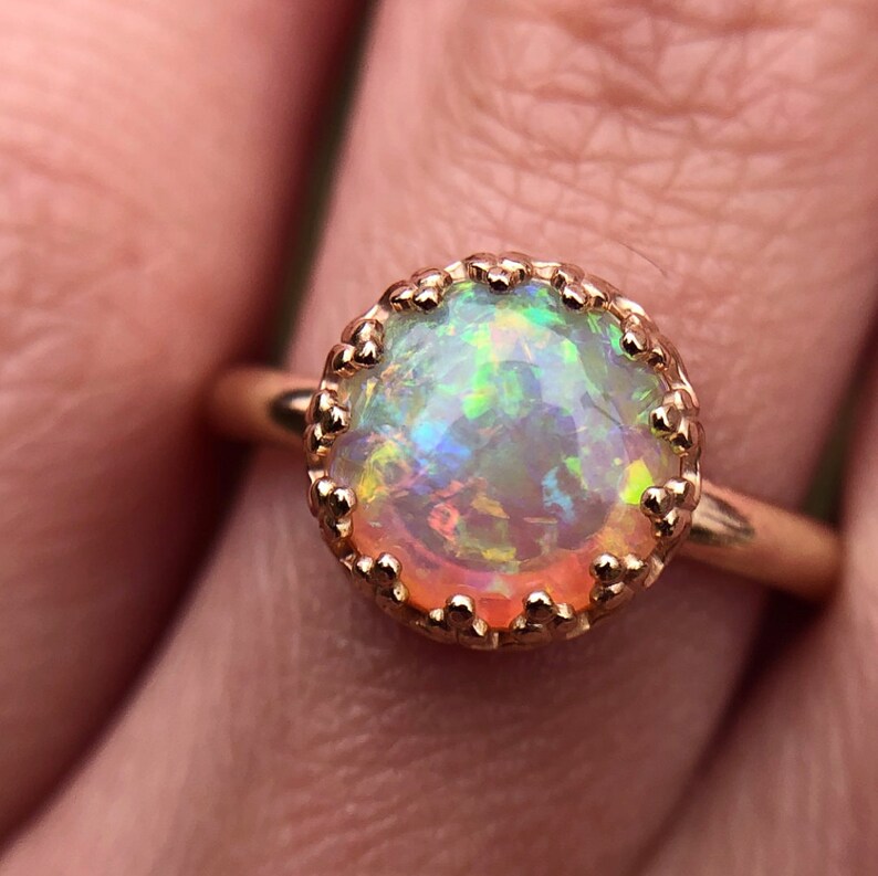 Natural Opal Ring, Sterling Silver Crown Setting Ring, Lab Created Opal ...