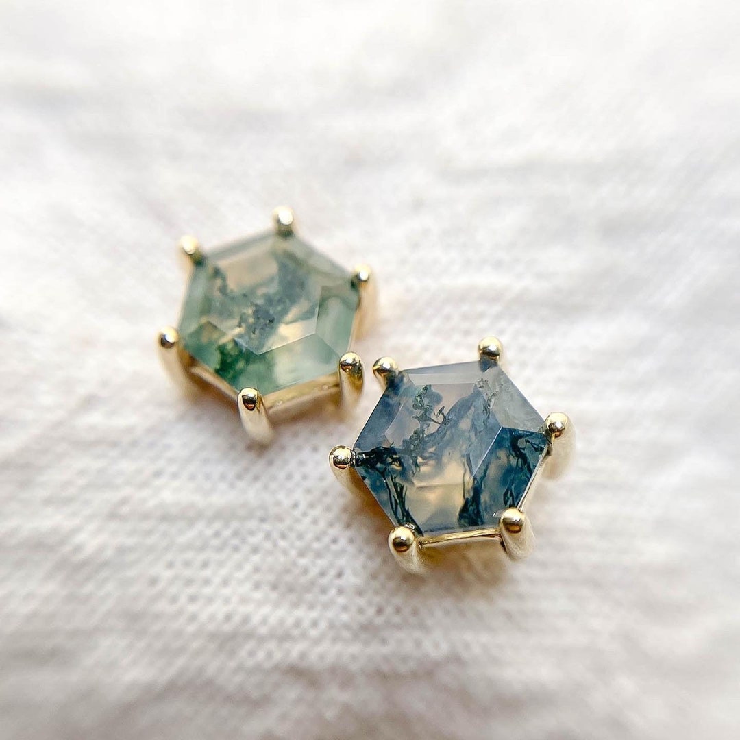 Natural Moss Agate Earrings, Hexagon Moss Earrings, Wedding Bridal ...