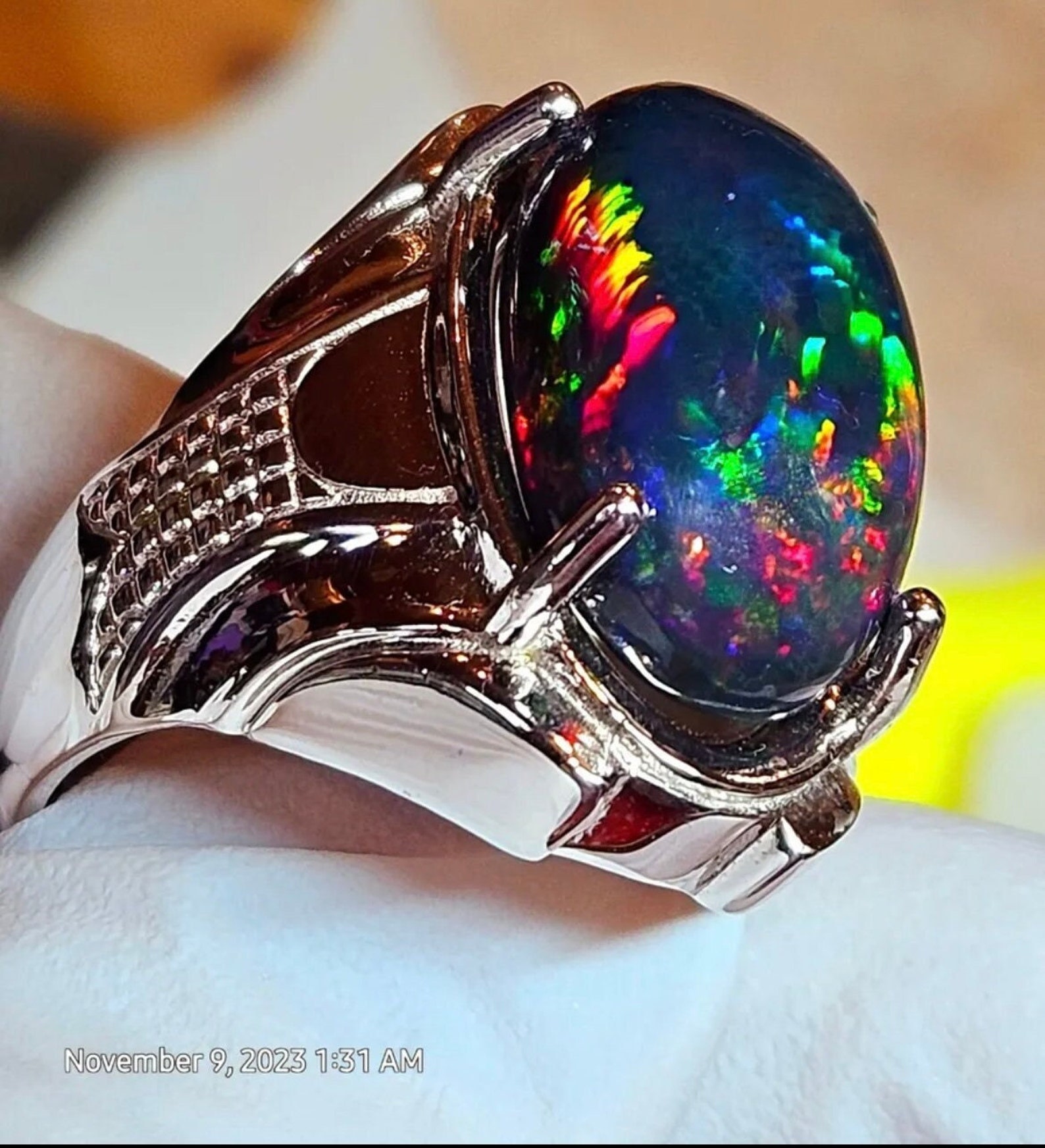 Natural Black Opal Men's Ring, 925 Sterling Silver Ring, Big Black Opal ...