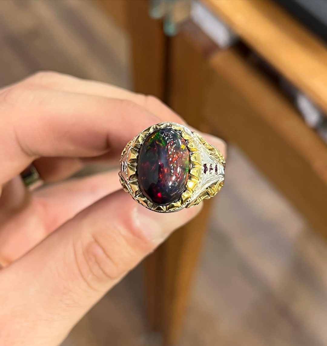 Natural Black Opal Men's Ring, Unique Fire Black Opal Men Ring, October ...