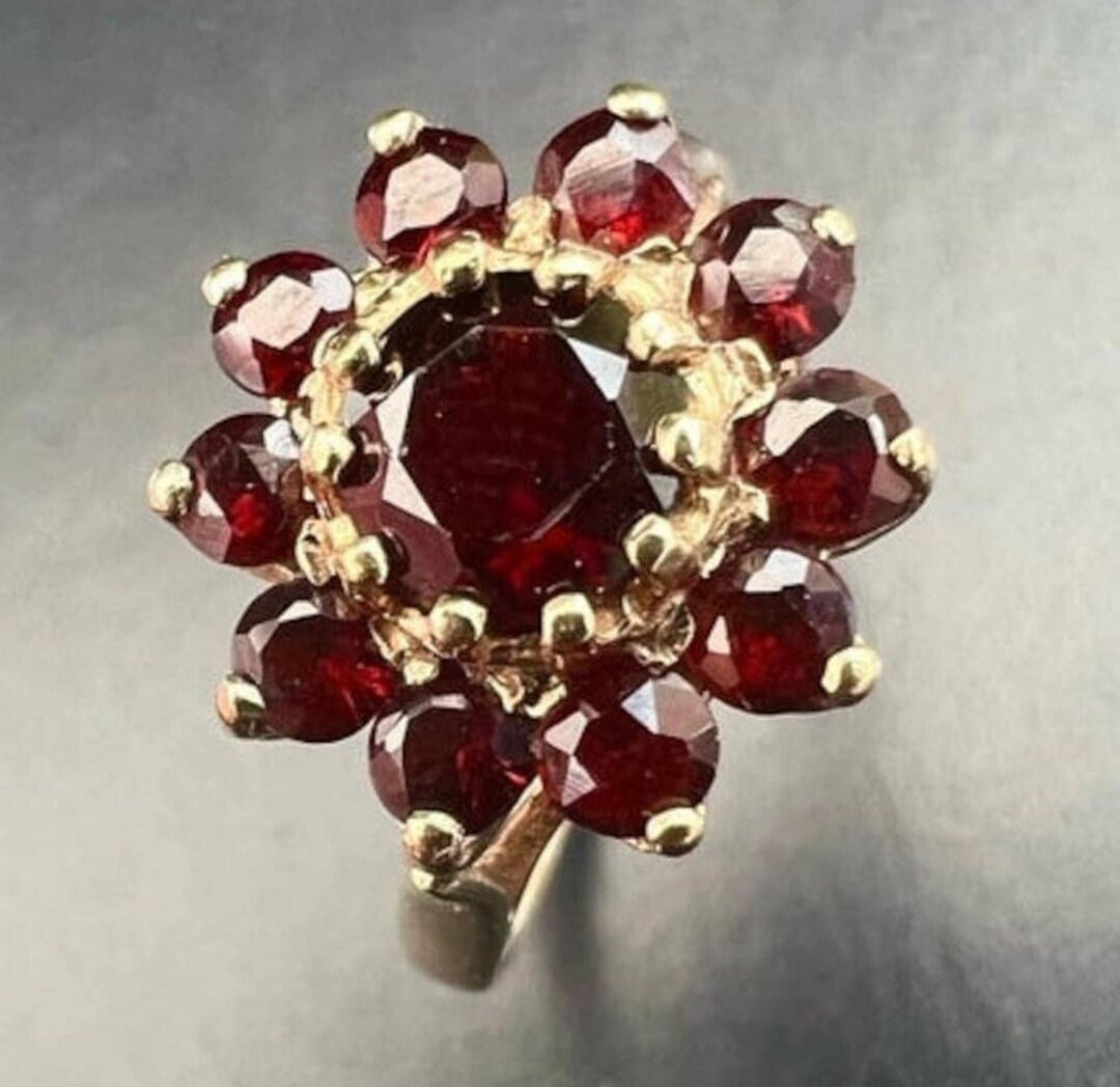 Flower Ring, Natural Red Garnet Flower Ring, 14k Gold Engagement Ring ...