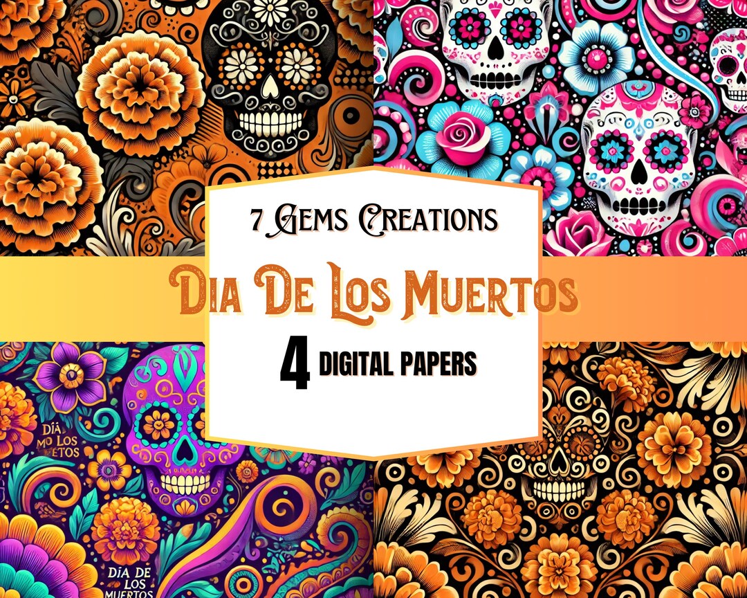 Dia De Los Muertos Digital Paper Pack Vibrant Skull and Floral Patterns ...