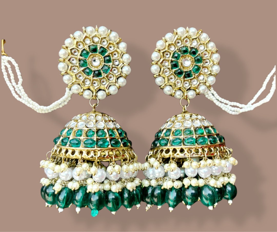 Green Color Jhumkas, Kundan Jewellery, Pearl Jhumkas, Golden ...