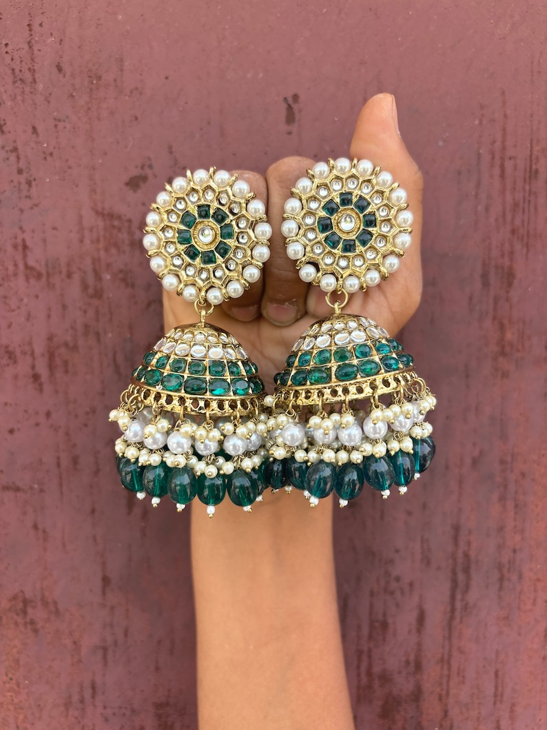 Green Color Jhumkas, Kundan Jewellery, Pearl Jhumkas, Golden ...
