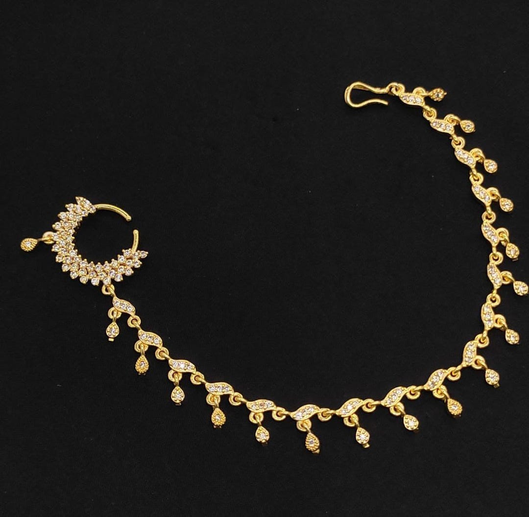 CZ Diamond Nose Ring With Chain AD Nose Pin Indian Bridal Nath Gold ...