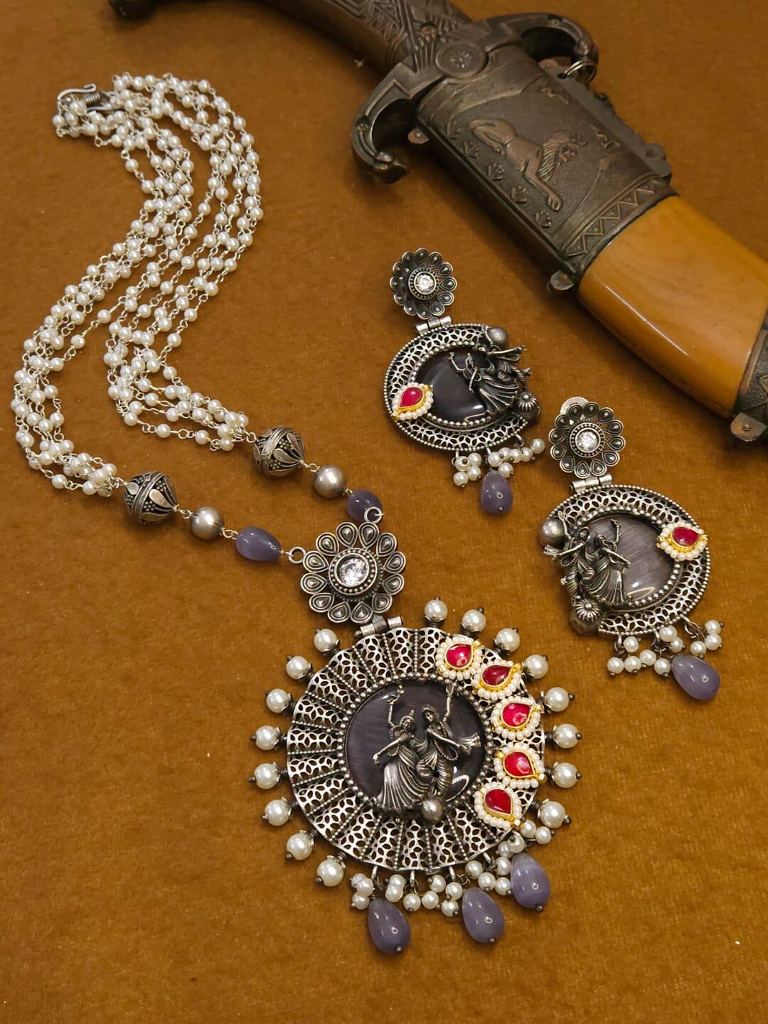 Silver Oxidised Radha Rani Pendant Necklace Beaded Ethic Trible Jewelry ...