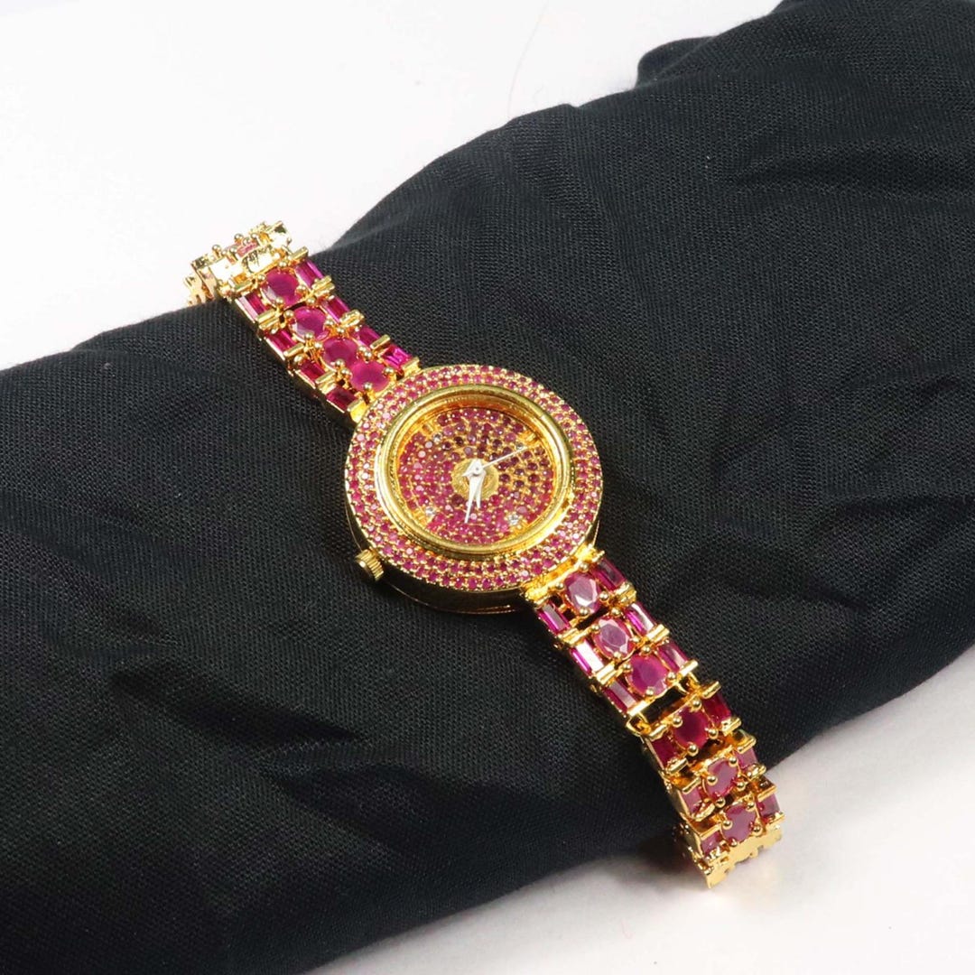 Gold Plated Woman Wrist Watch Pink Ruby Stone CZ Diamond Watch Studded ...