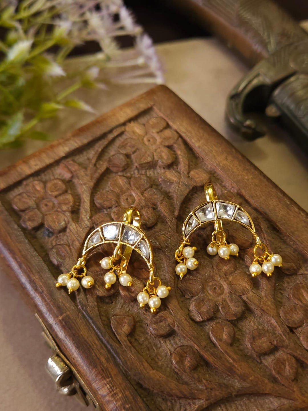 Kundan Inspired Pearl Bugadi Earrings: Gold Finish Kemp Stone - Etsy