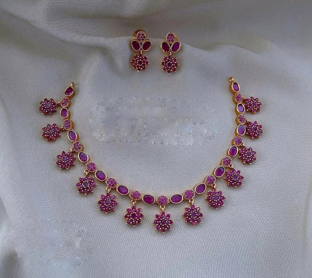 Ruby CZ Diamond Gold Plated Necklace: South Indian Temple Jewelry Set ...