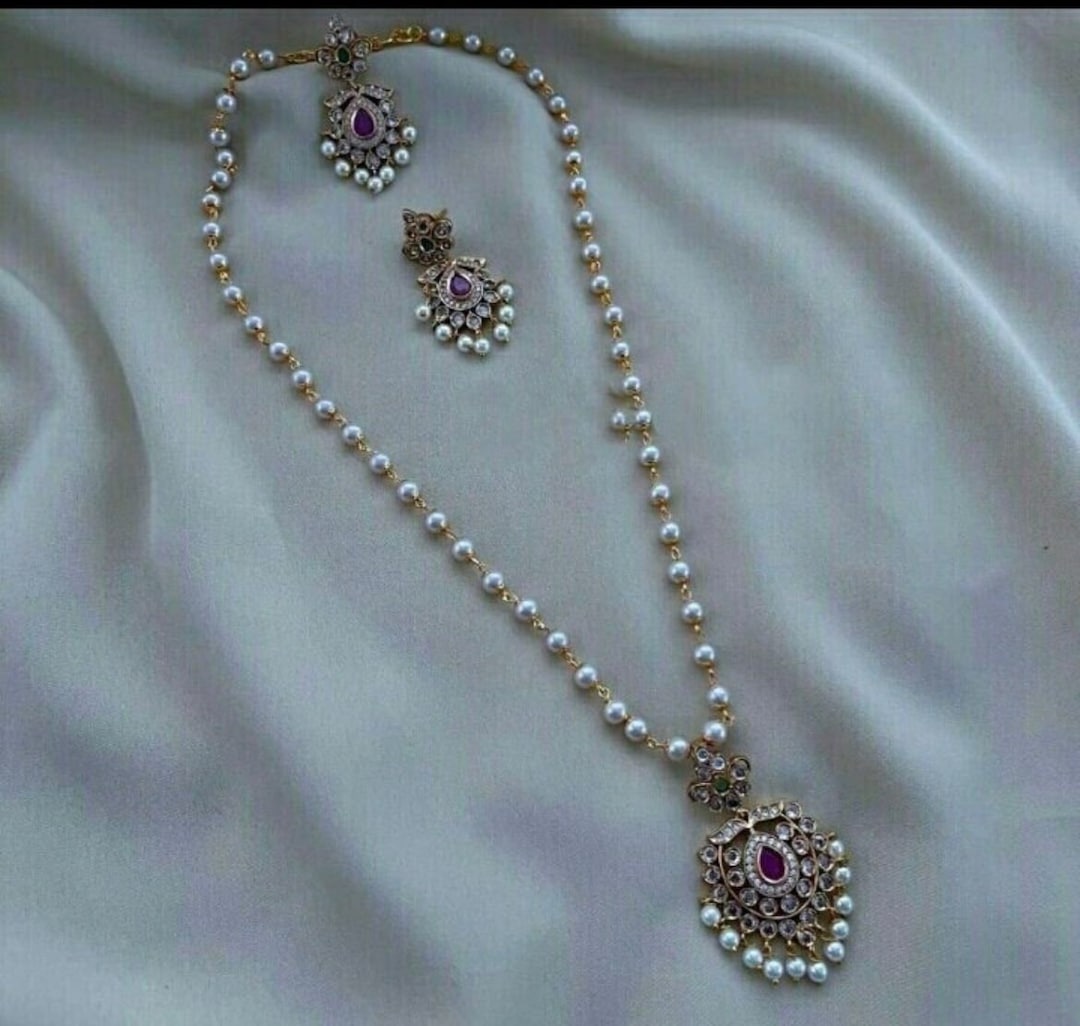 South Indian Temple Necklace: Golden Pearl, CZ Bridal Jewelry - Etsy