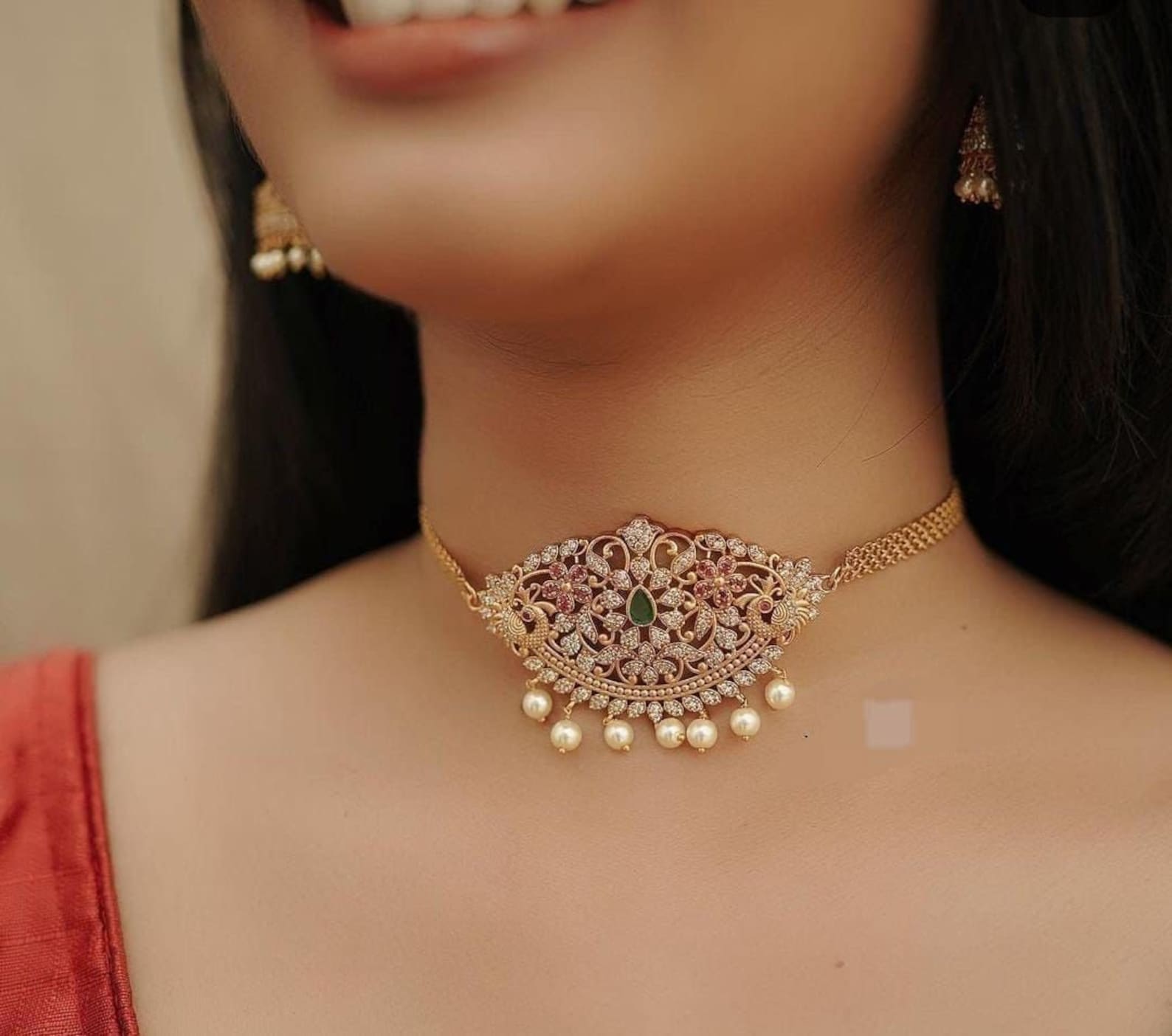 Gold Pearl Temple Choker Set CZ Diamond Necklace South Indian Jewelry ...
