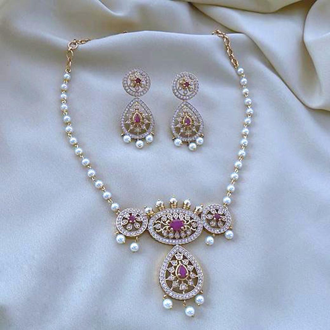 Ruby CZ Diamond Necklace Pearl Jewelry South Indian Gold Plated ...