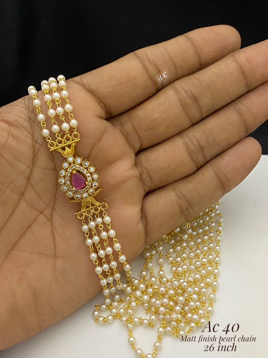 Ruby CZ Diamond Pearl Long Necklace Multi Layered Beaded Jewelry South ...