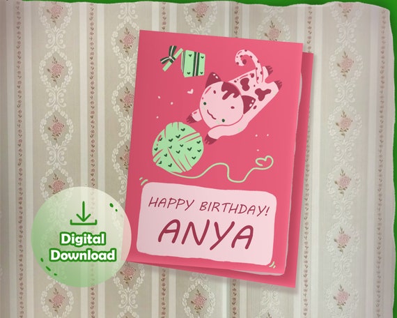 Pink Cat Yarn Birthday Card Printable Customizable Cute - Etsy