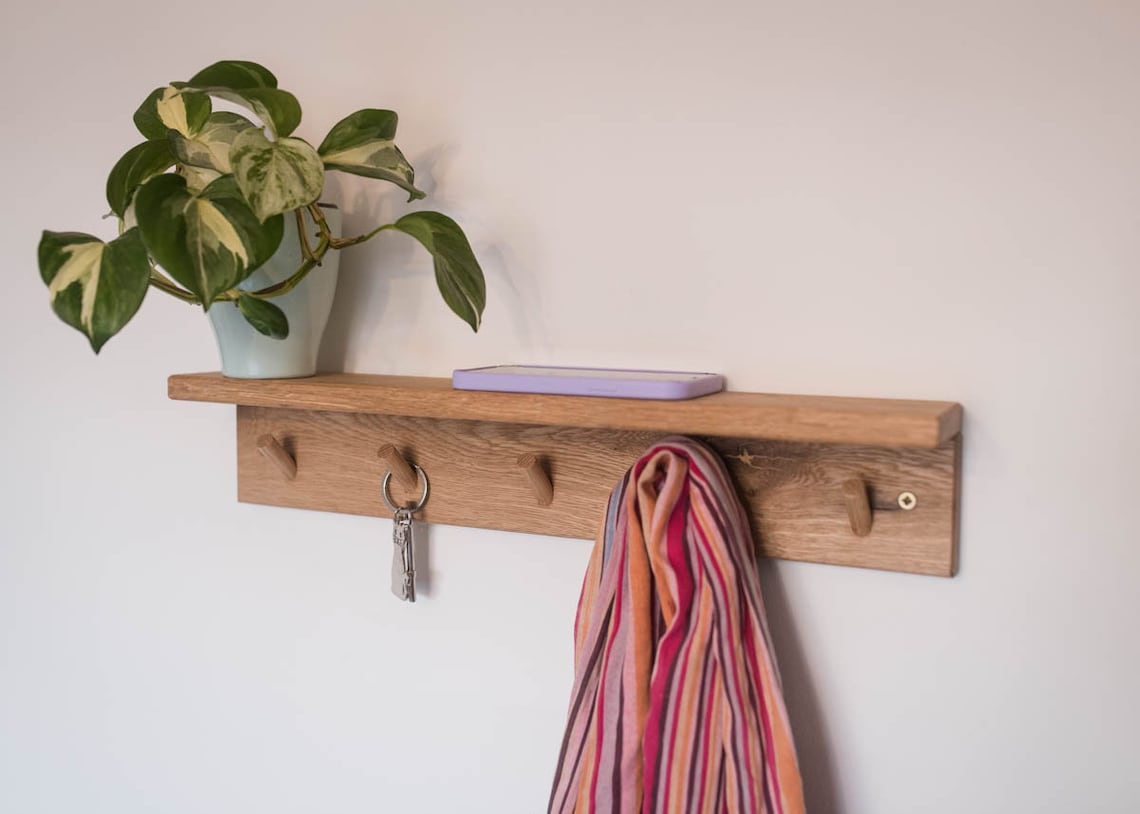 Solid Oak Wooden Peg Shelf Coat Hooks Handmade Entryway - Etsy