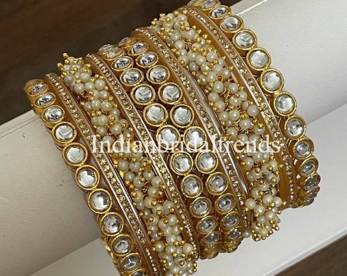 Polki Pearl Kundan Antique Dull Gold Finish Bangles/punjabi Bangles ...