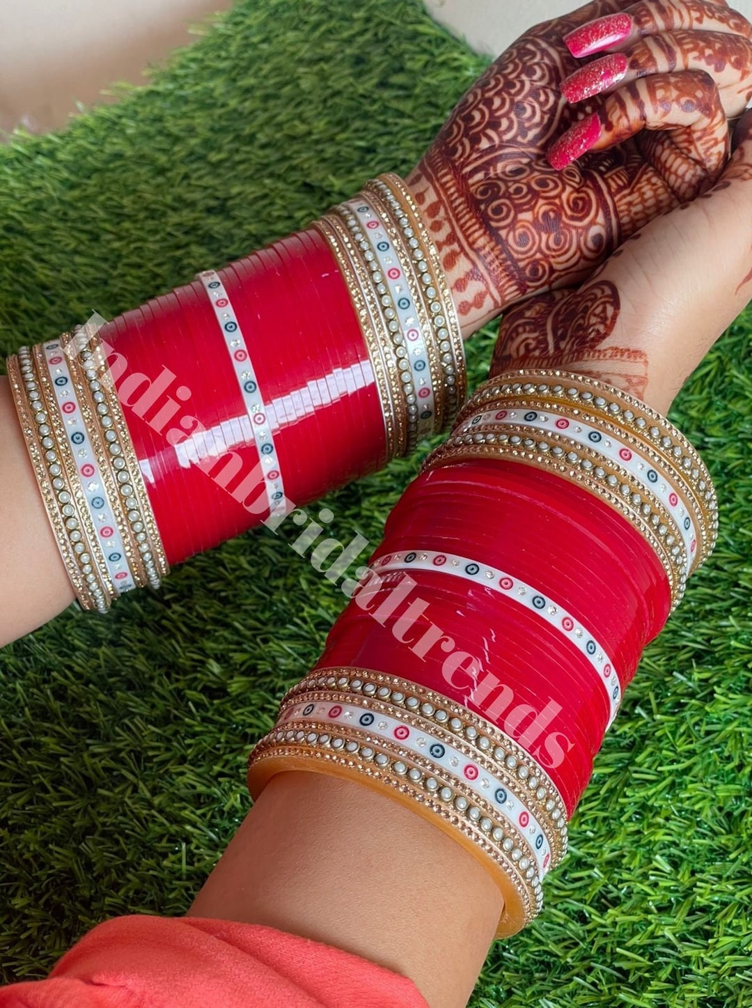 Traditional Bridal Chura, Indian Bangles, Red Dotted Chura, Red Punjabi ...
