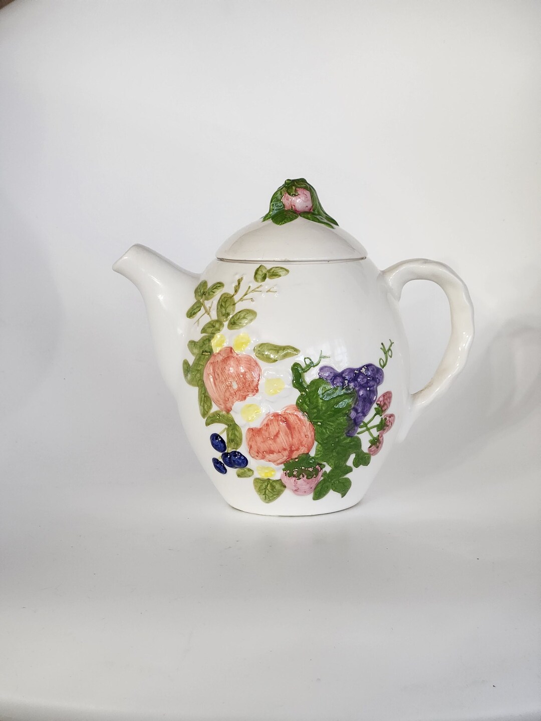 Teapot Painted Glazed Floral Design White Background Pre-owned Good ...