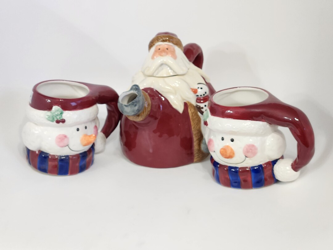 Santa Claus & Snowmen Novelty Tea Set Teapot and Two Mugs Christmas ...