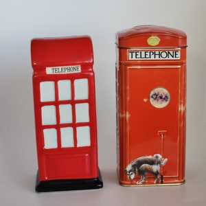 Vintage English Phone Booth Coin Bank Piggy Bank Bright Red 7" Tin or ...