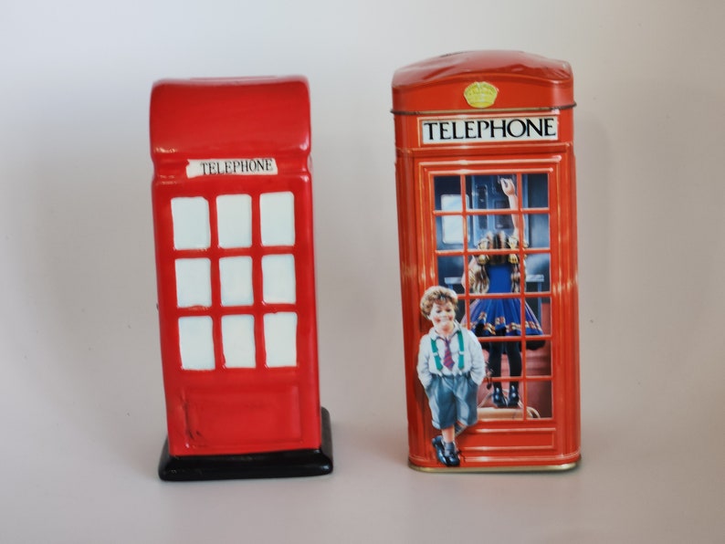 Vintage English Phone Booth Coin Bank Piggy Bank Bright Red 7" Tin or ...