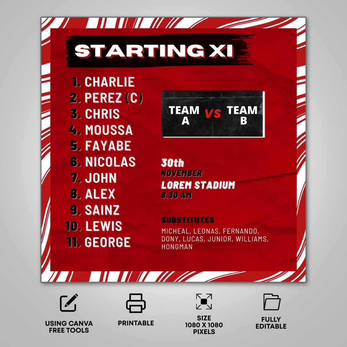 Starting XI Flyer Sport Flyer Line up Post Instagram Post - Etsy