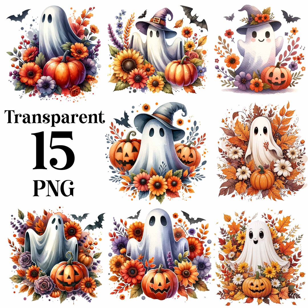 15 Watercolor Cute Ghost Clipart, PNG Halloween Clipart Bundle, Cute ...