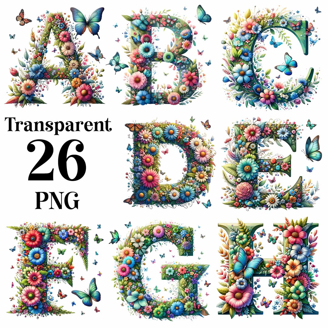 26 PNG, Watercolor Spring Floral Alphabet Collection Clipart, Alphabet ...