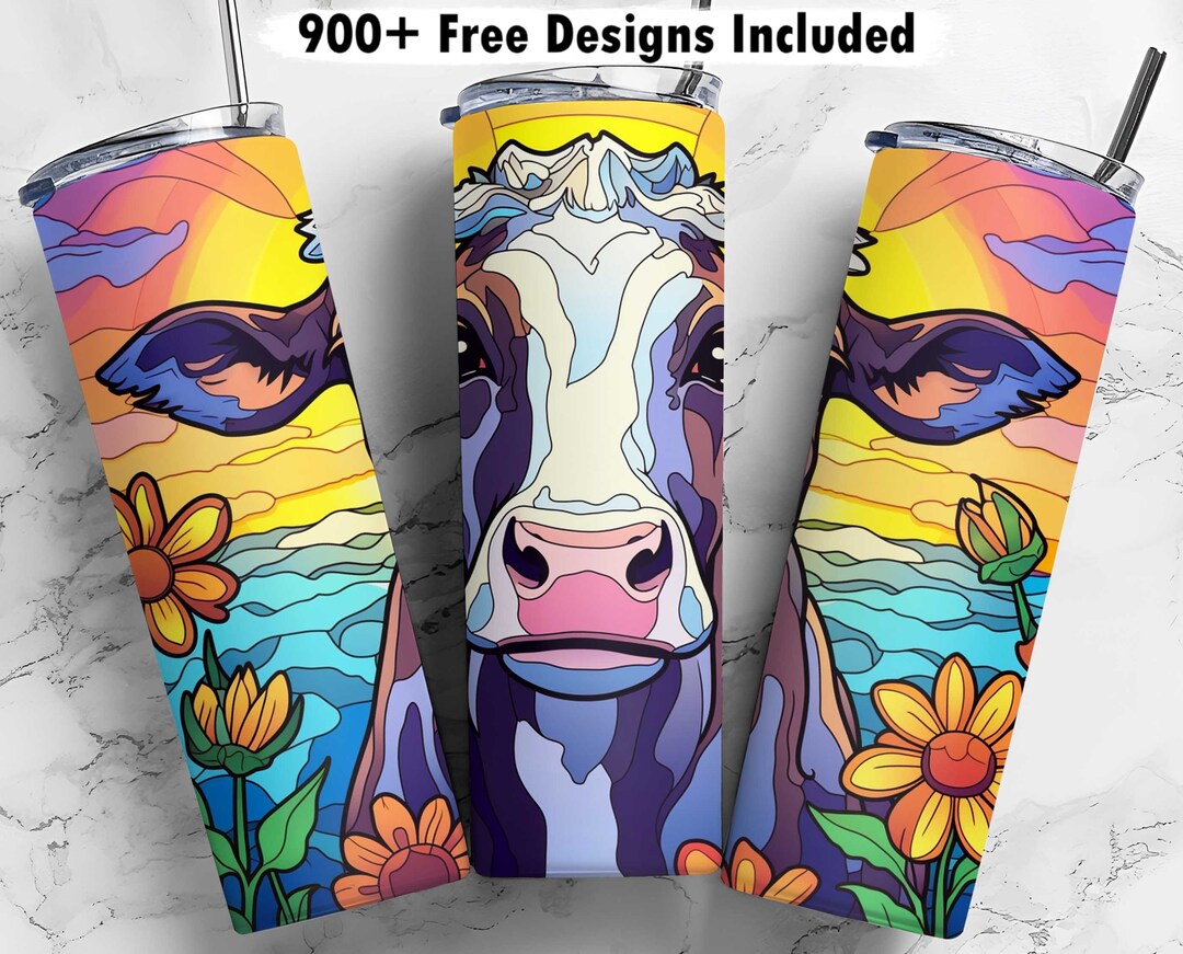 Stain Glass Cow 20oz Tumbler Wrap PNG, Stained Glass Animal Skinny ...