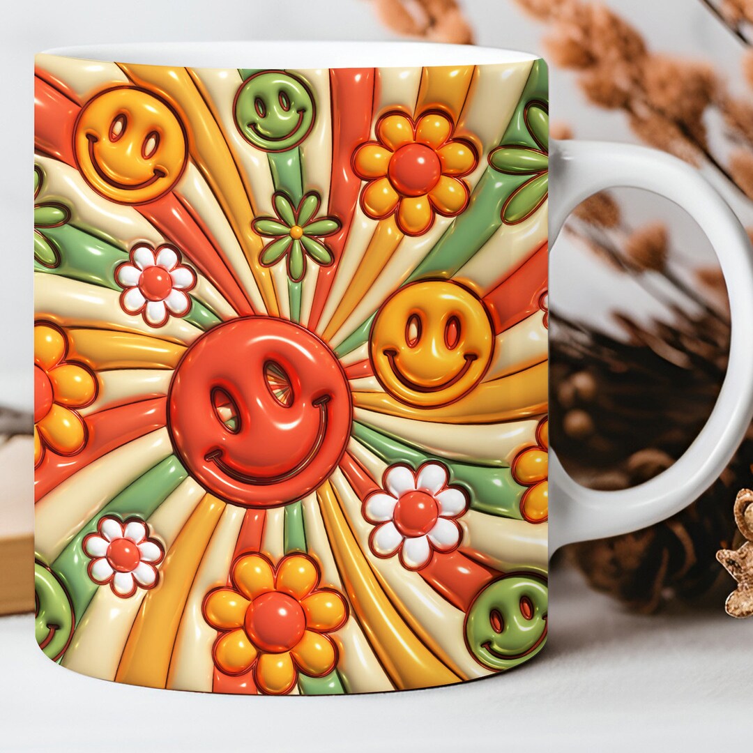 3D Retro Smile Face Inflated Mug Wrap PNG, 3D Puffy Floral Retro 11oz ...