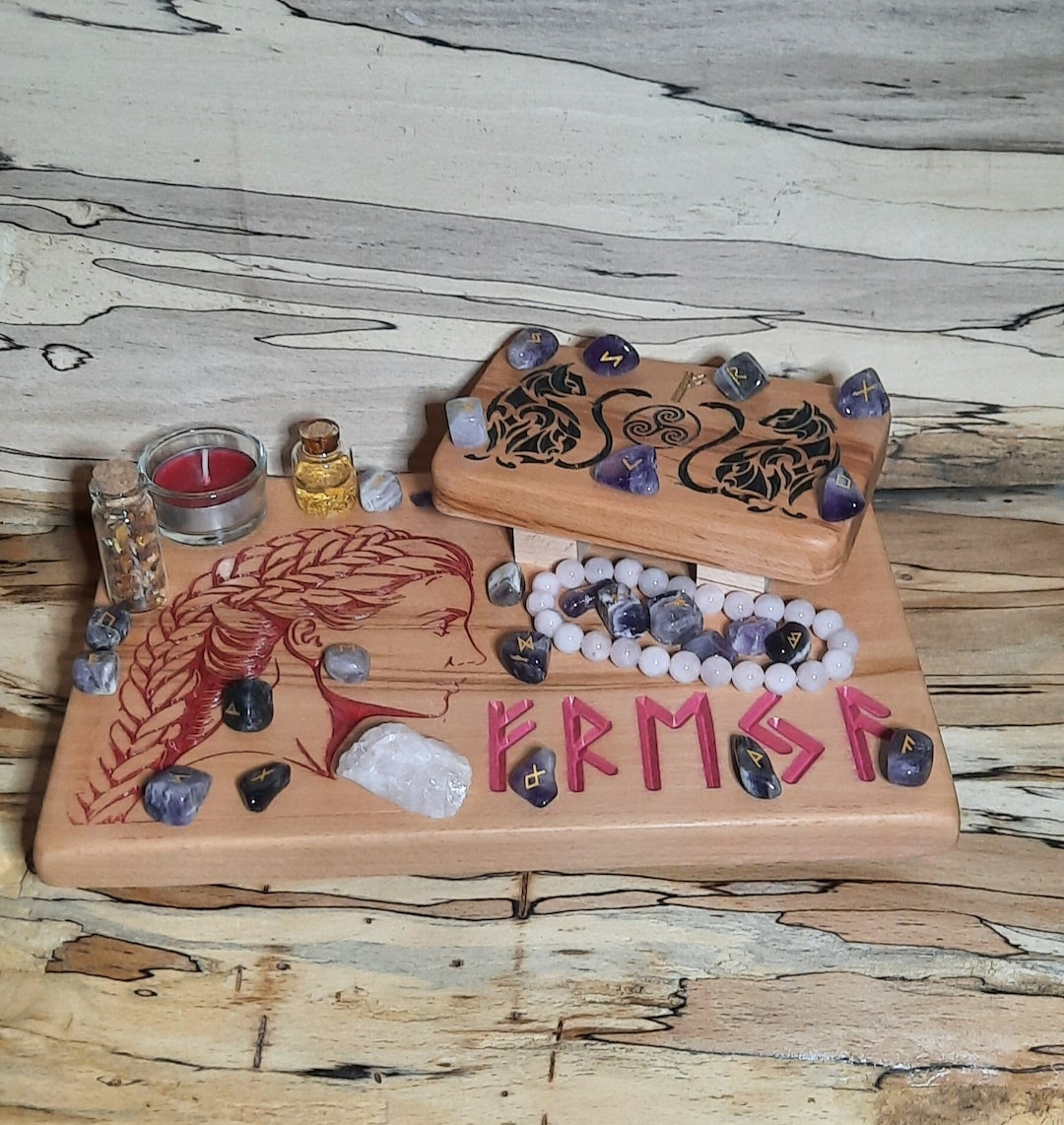 Freyja Tiered Altar With Crystals, Rune Set, Gold, Amber and Bracelet ...