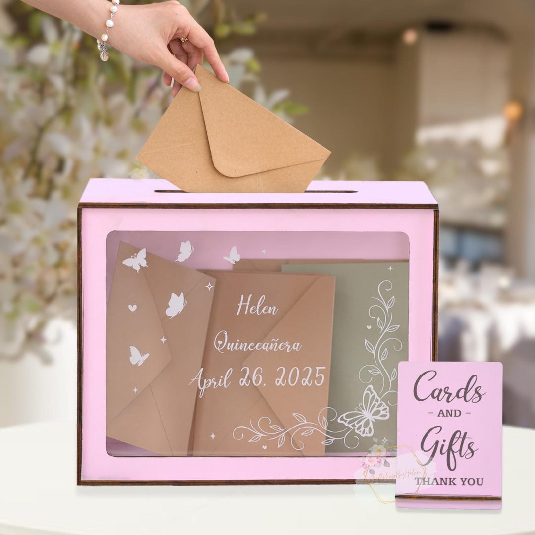Personalized Pink Quinceañera Card Box Custom Butterfly Design | Wooden ...