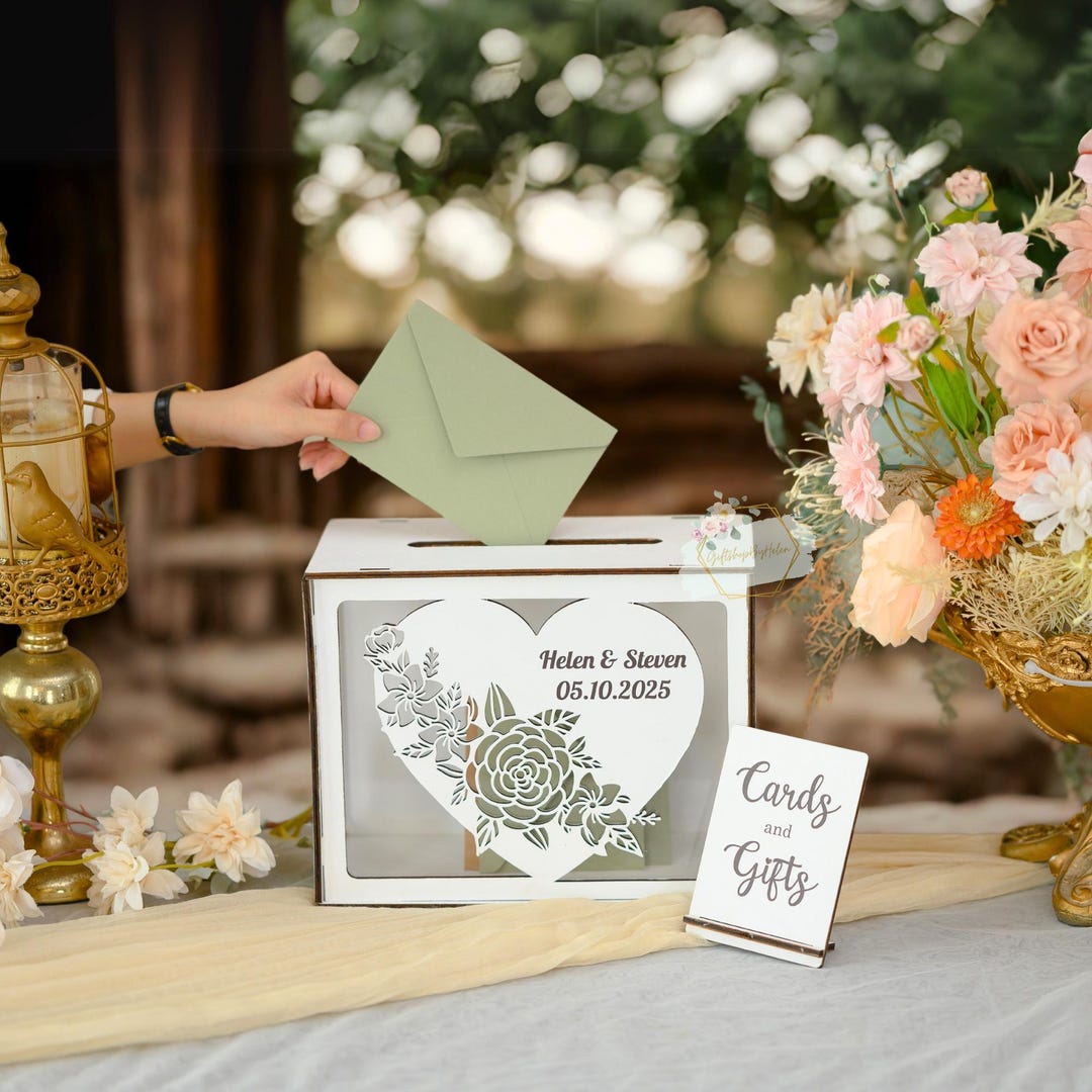 Personalized Wedding Card Box With Slot – Wooden Card Box With Rose ...