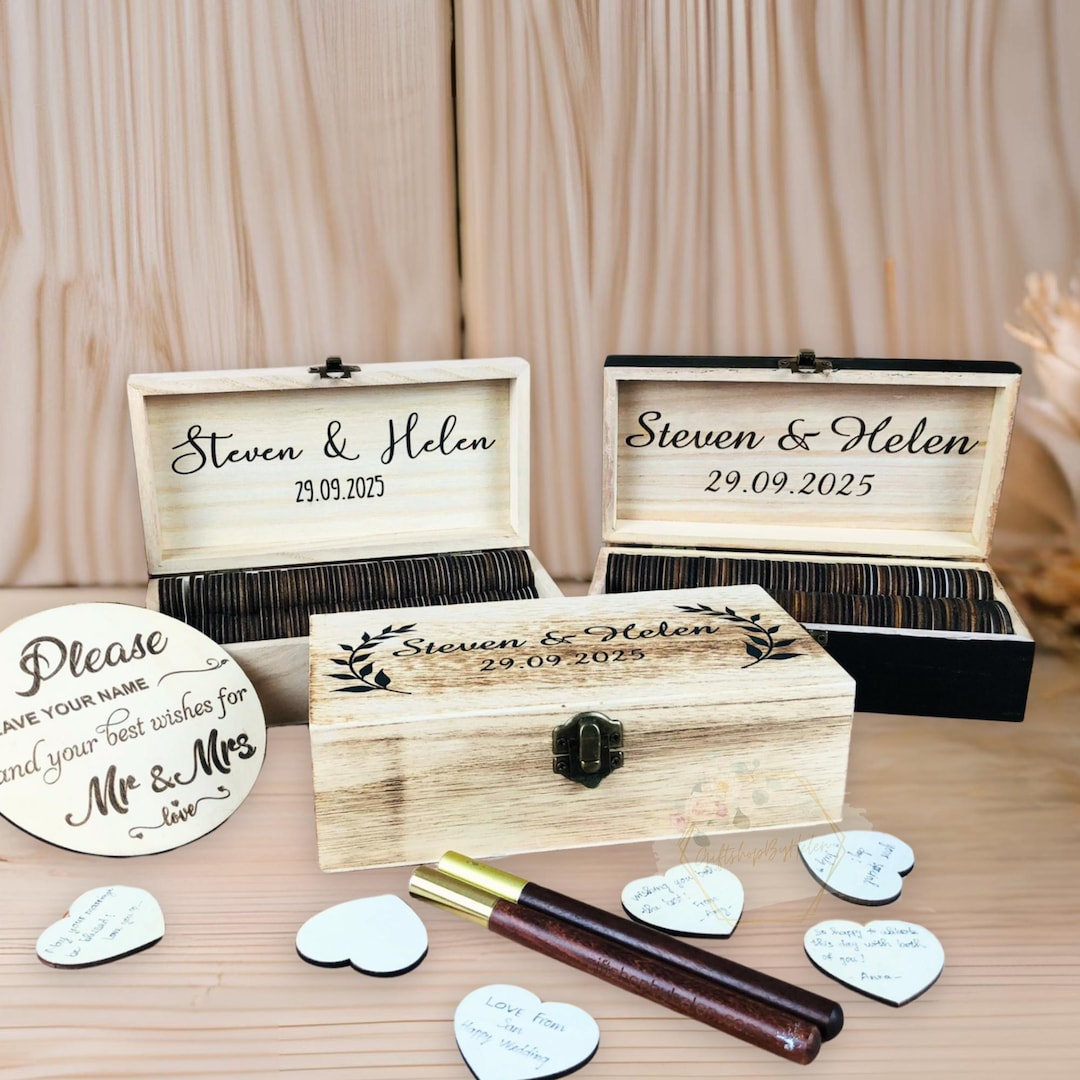 Vintage Wedding Wishes Box With Wooden Hearts Custom Wooden Keepsake ...